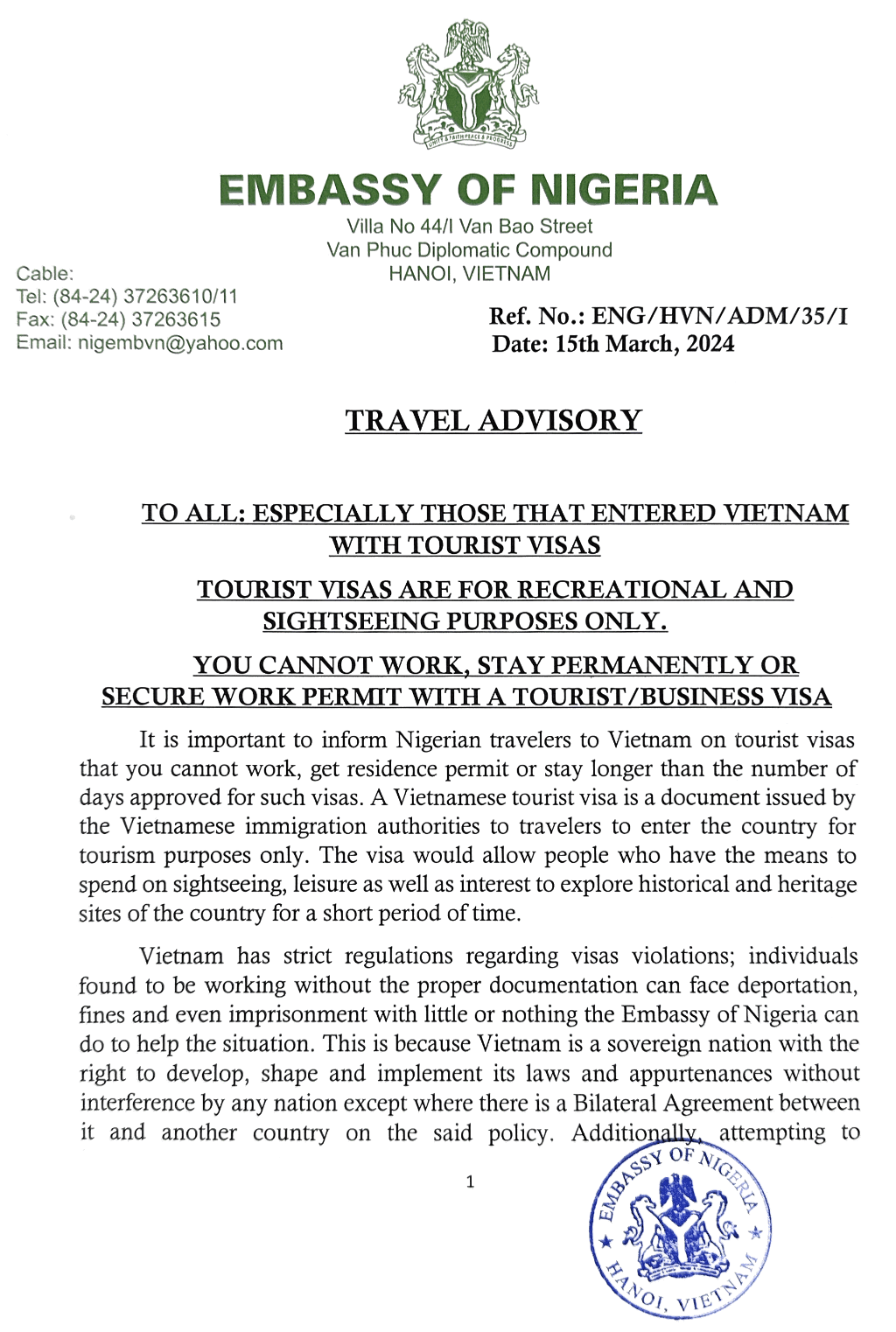Travel Advisory – EMBASSY OF THE FEDERAL REPUBLIC OF NIGERIA, VIETNAM